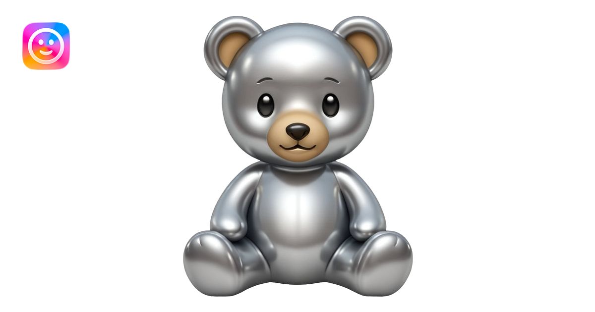 A cute teddy bear emoji made of liquid silver chrome, smooth rounded ...