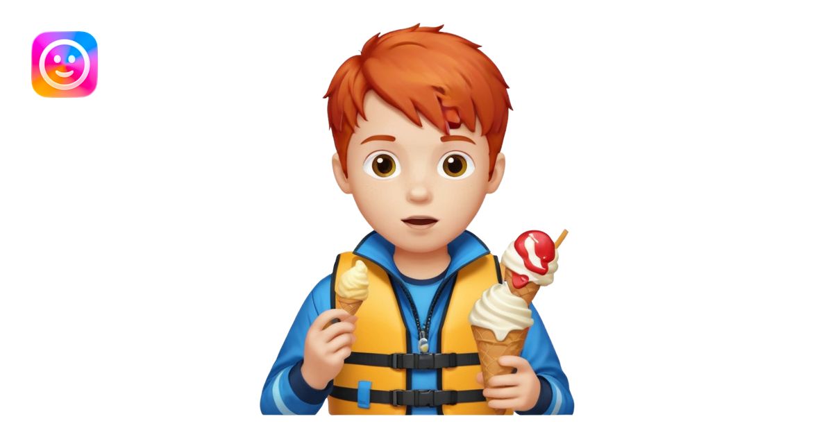 boy kid red haired wearing lifejacket, eating ice cream emoji | AI ...
