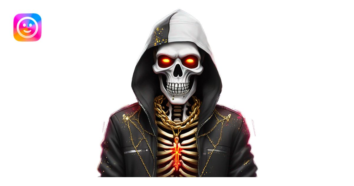White skeleton zombie person covered in golden chains and black ...