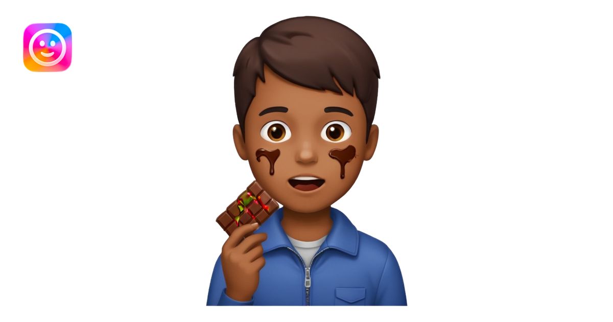 A boy holding a chocolate bar with him chewing on the bite he took ...