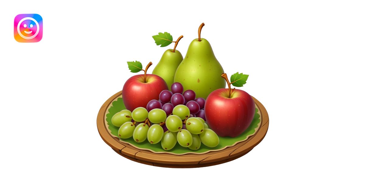 medieval fruit platter object icon, grapes apples pears, rustic plate ...