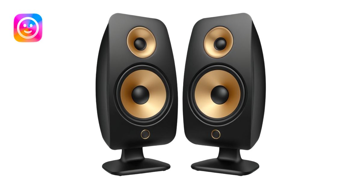 pair of big speakers emoji, deep matte black metal body, circular speaker cones with subtle ...