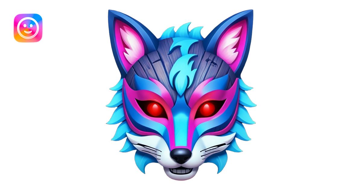 Ancient wooden mask, broken in half, luminous and neon with red, blue ...