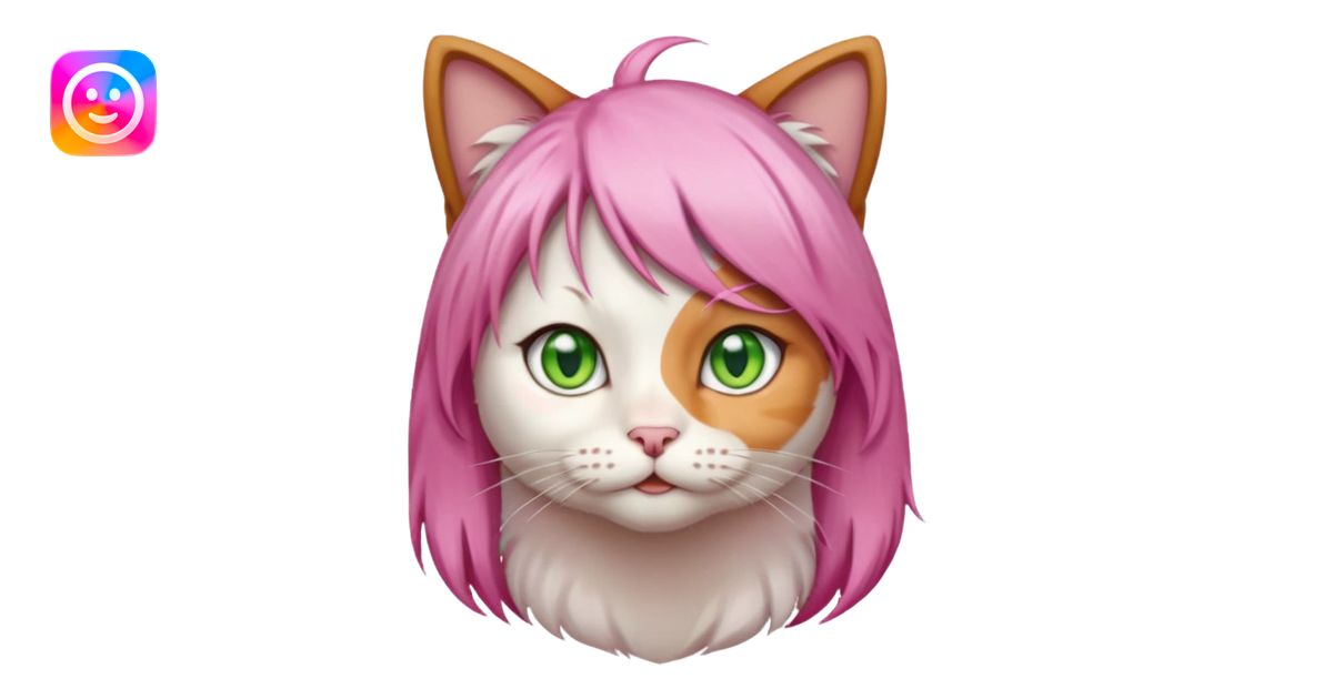 calico cat wear pink hair wig, white T-shirt emoji | AI Emoji Generator