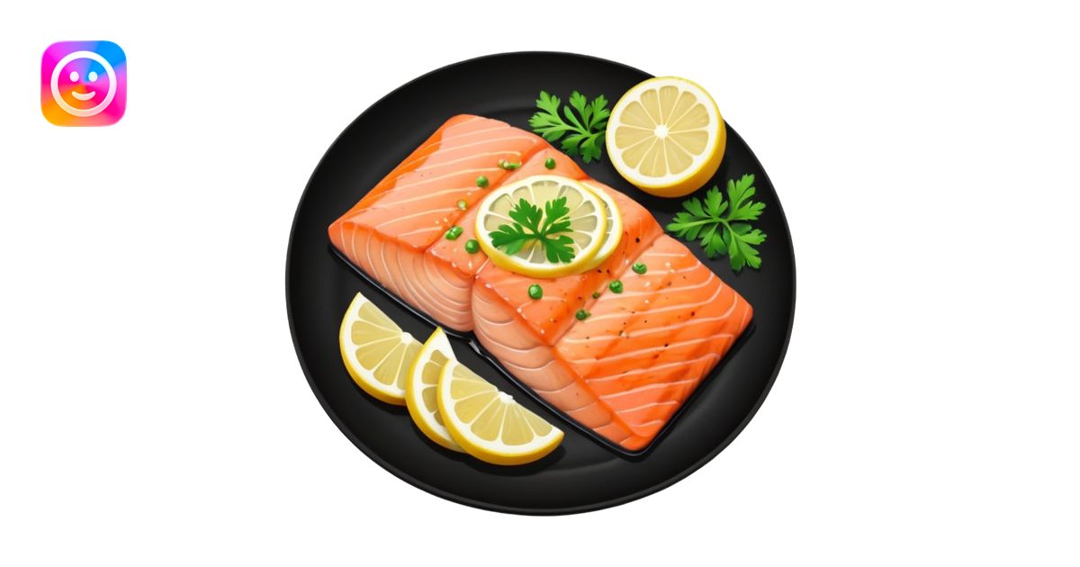 Grilled Salmon With Lemon Butter on a black plate emoji | AI Emoji ...
