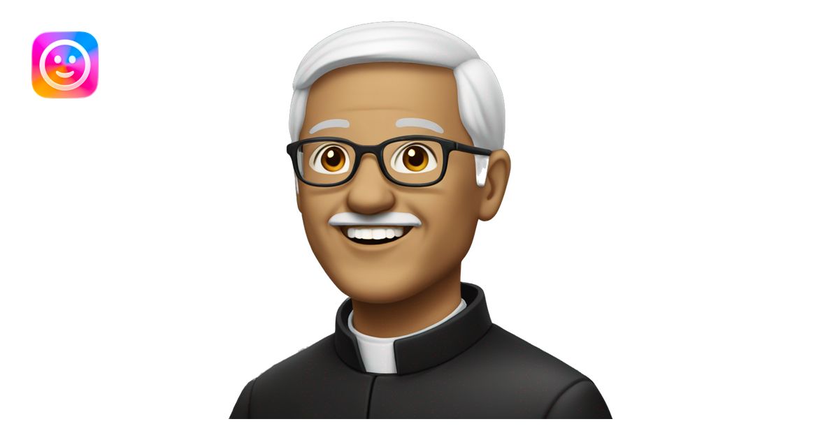 old catholic priest with black hair, smiling with teeth and glasses, no ...