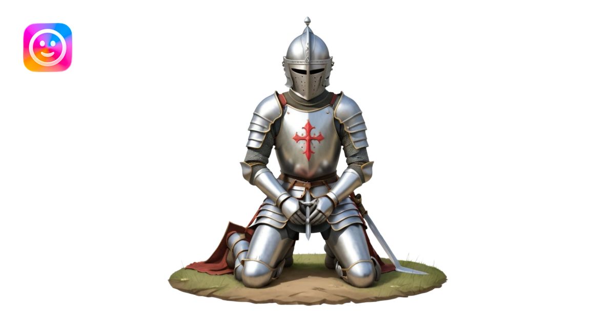 A lone medieval knight in plate, worn armor kneels. His helmet is ...