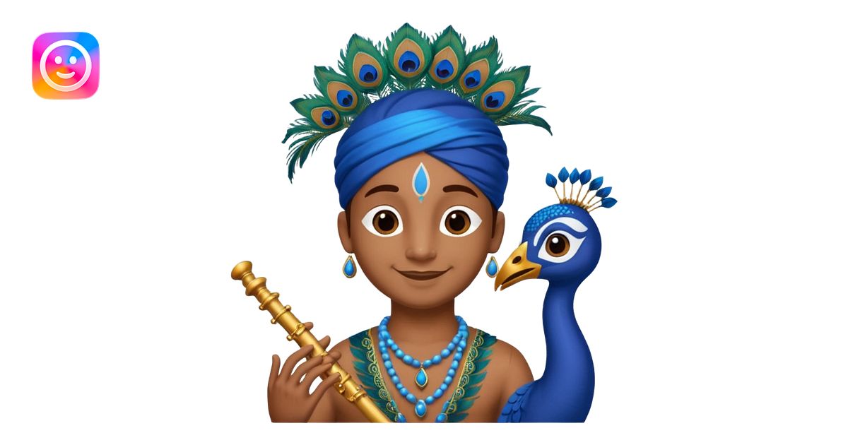 Blue Krishna and peacock feather on head with flute emoji | AI Emoji ...