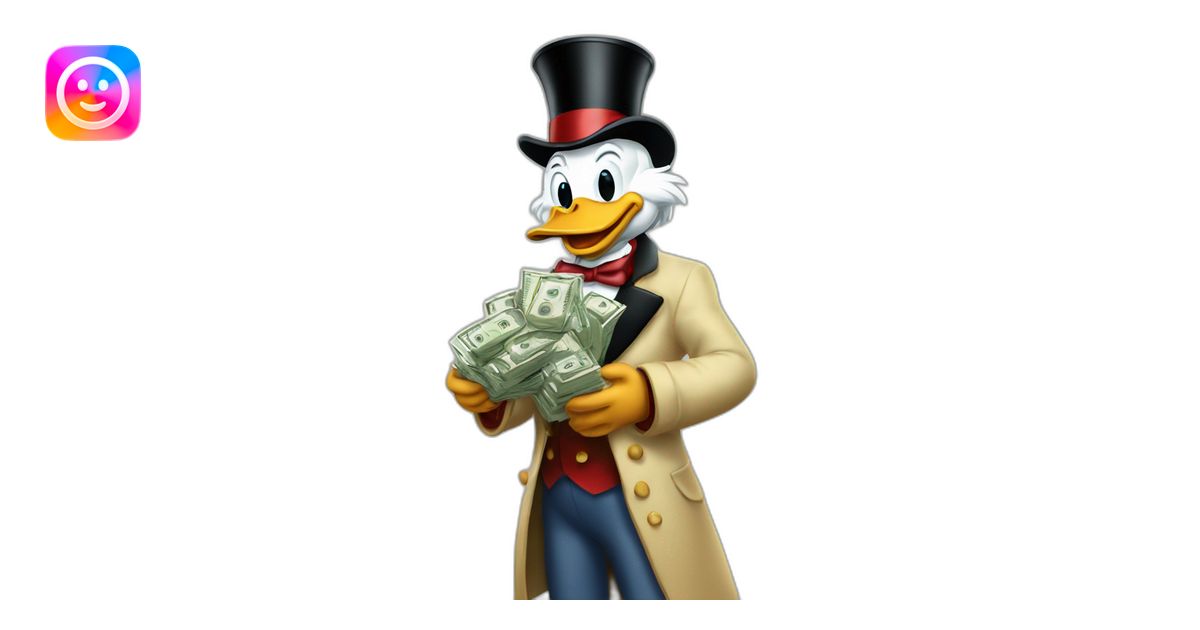 Scrooge McDuck holding lots of cash emoji | AI Emoji Generator