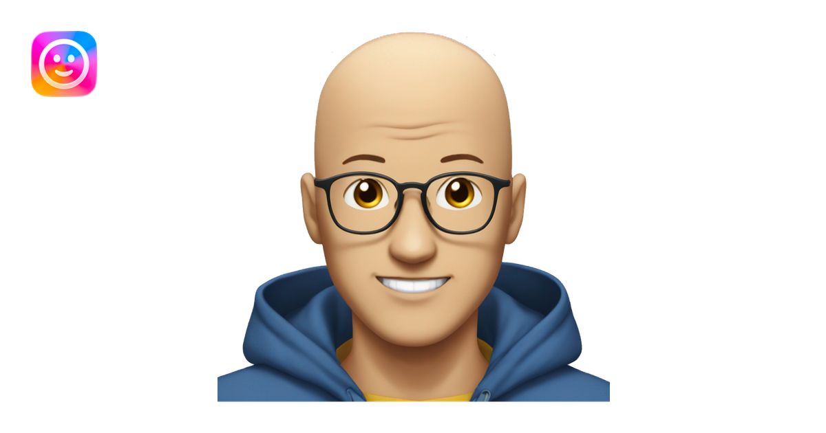 bald saitama in his 30s wearing glasses, smiling, in a blue hoodie ...