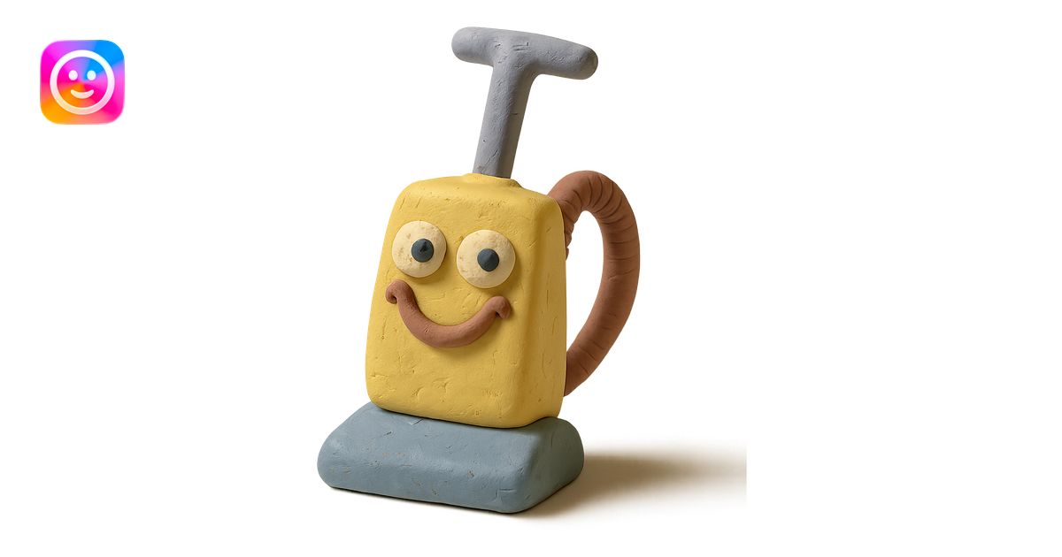 close-up of a playful upright vacuum with an expressive face in ...