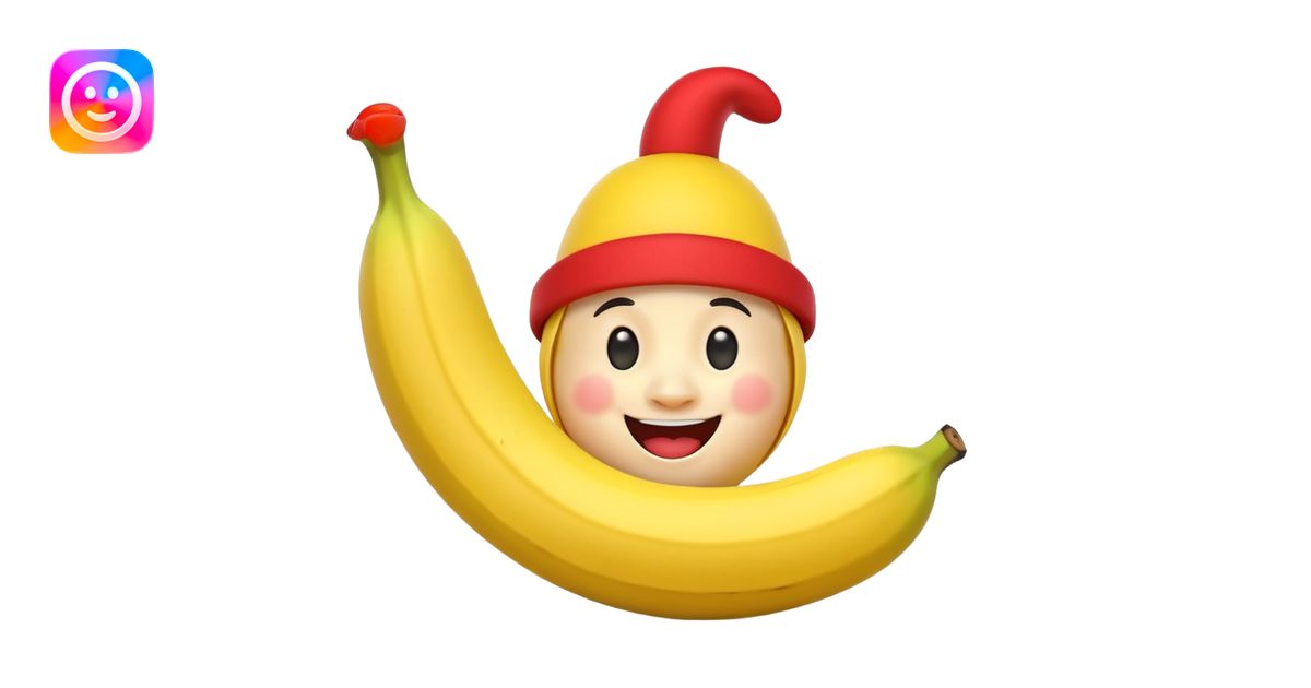 A 3D cartoon banana with a red nose and tiny hat, smiling face, playful ...