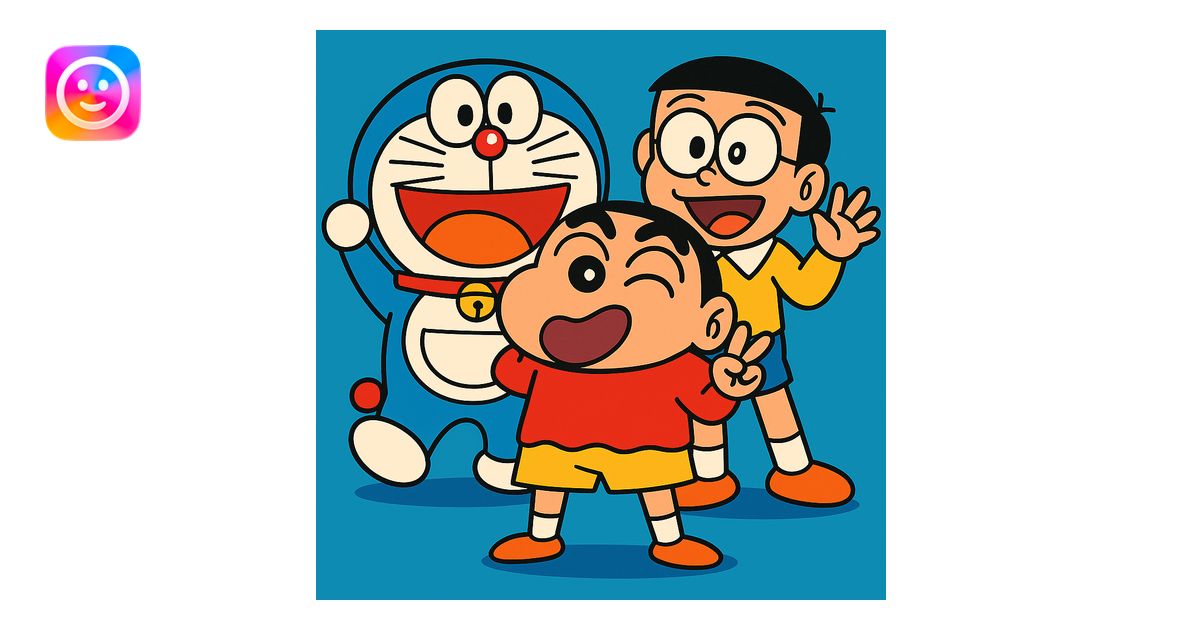Add Nobita to the group with Doraemon and Shinchan in a playful pose ...