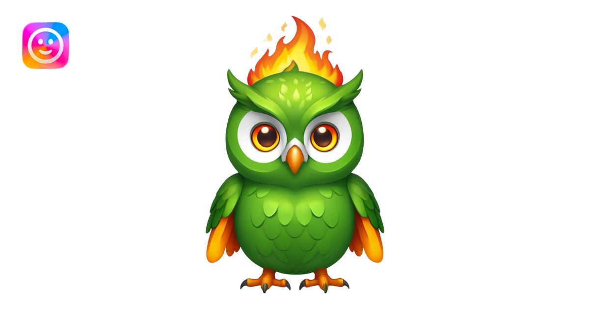 Duolingo green owl mascot with fire flames behind it emoji | AI Emoji ...