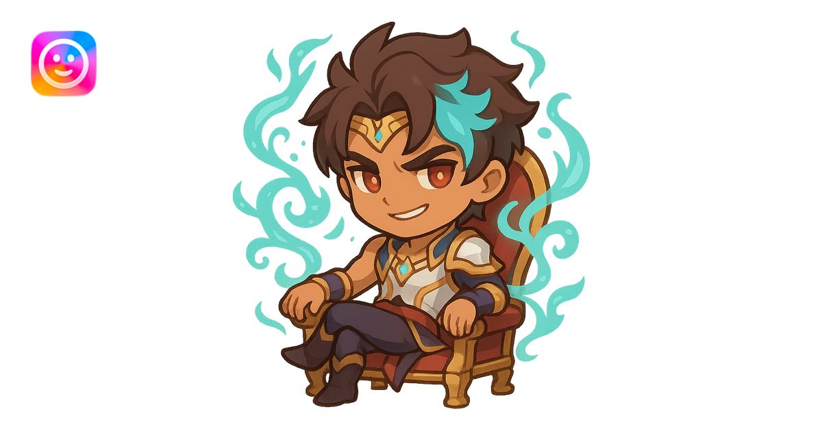 Chibi Soul Fighter Viego sitting confidently on a regal chair, with ...