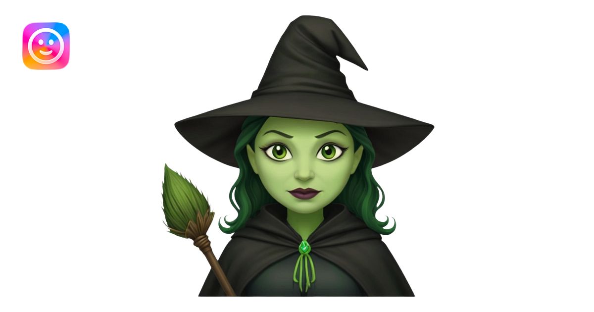elphaba wicked witch with broom close up, evil dark coily long hair ...