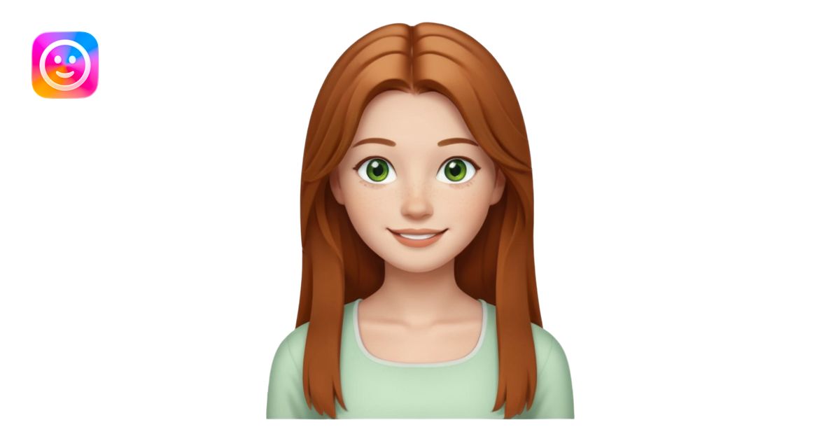 emoji of a woman named Freya McOmish, smiling, green eyes, long light ...