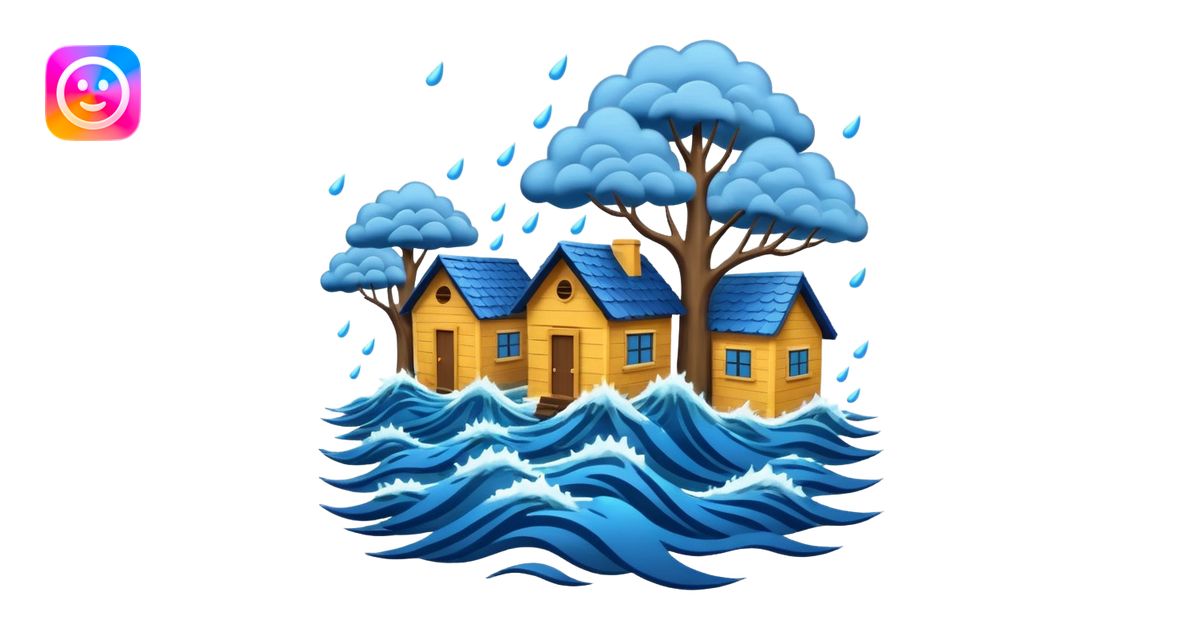showing a flood disaster scene with powerful blue water waves carrying ...