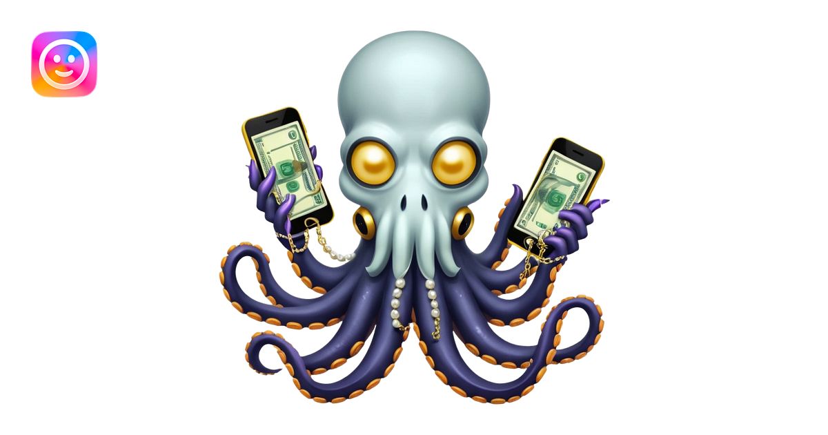Intimidating octopus with pearl black skin, neon suction cups. Evil glaring eyes. Wearing white ...