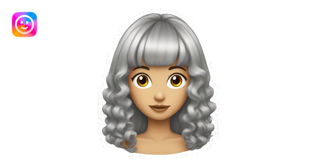Create a emoji which has a fair girl with big hair with bangs and ...