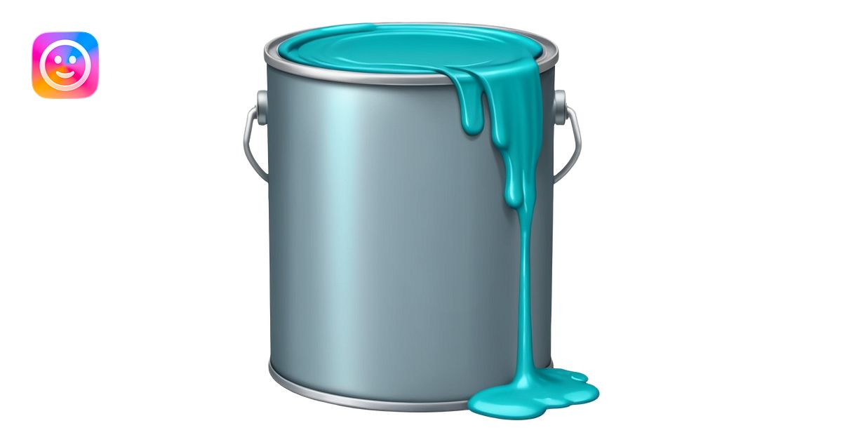 gray paint can with teal paint inside, some teal paint spilling over ...