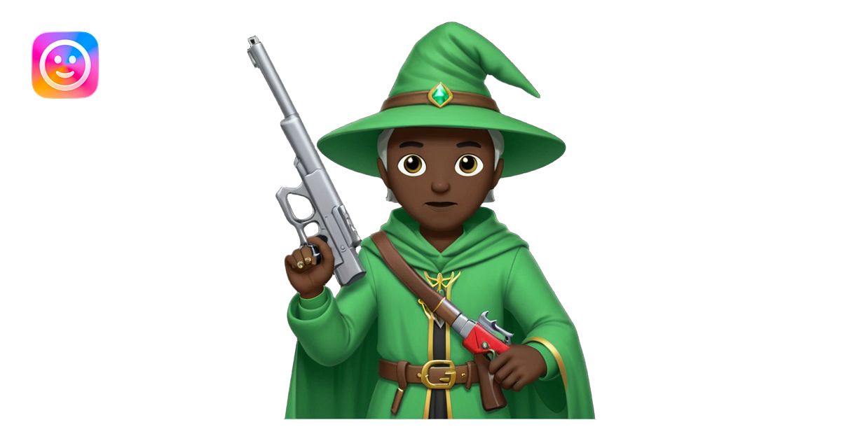 A wizard 🧙 wearing green clothes, with black skin, holding a pistol 🔫 ...