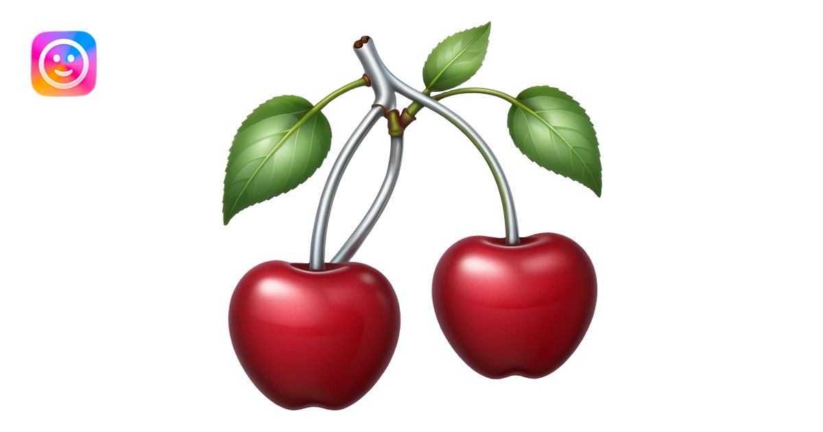A pair of cherries emoji made of polished silver chrome, smooth rounded ...