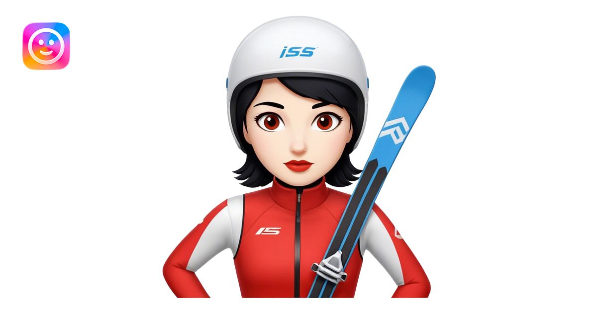Ski racer woman red white dress black hair emoji | AI Emoji Generator
