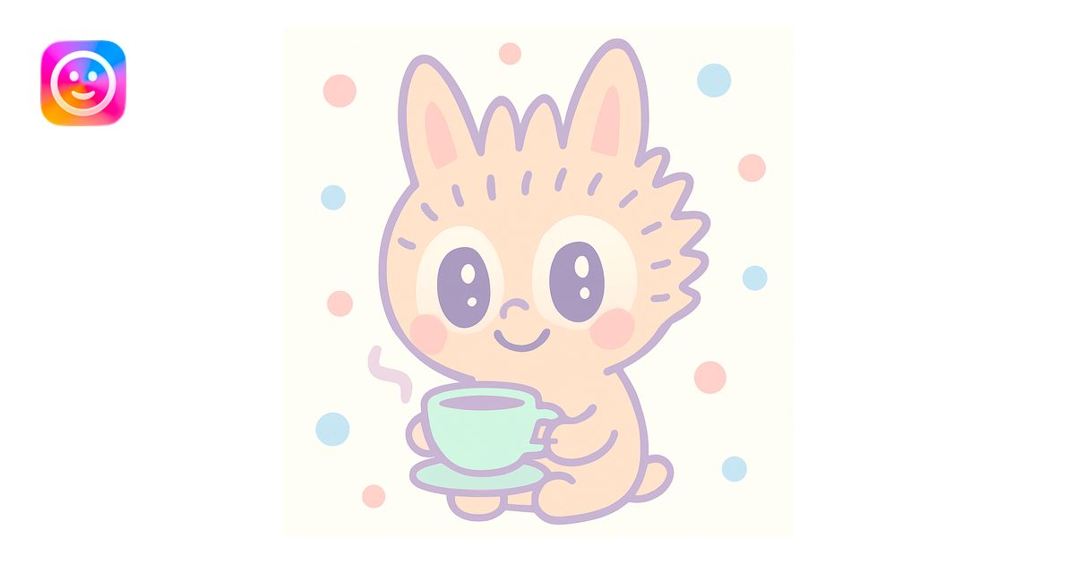 Labubu holding a teacup, steam rising, relaxed expression, cozy and ...