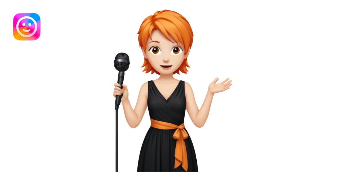 singer, Middle age, orange hair, happy, holding mic, wearing dress ...