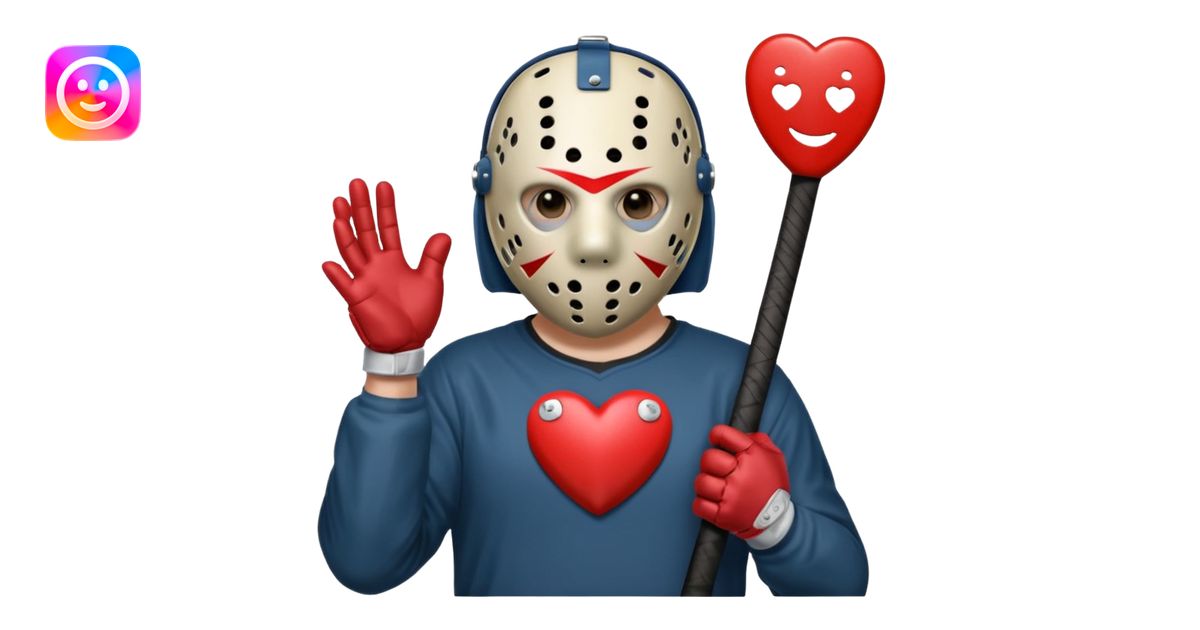Jason Voorhees, looking cute, heart hands emoji | AI Emoji Generator
