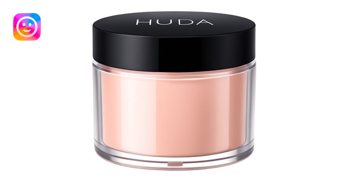 Create an emoji of Huda Beauty loose powder in its round, flat jar ...