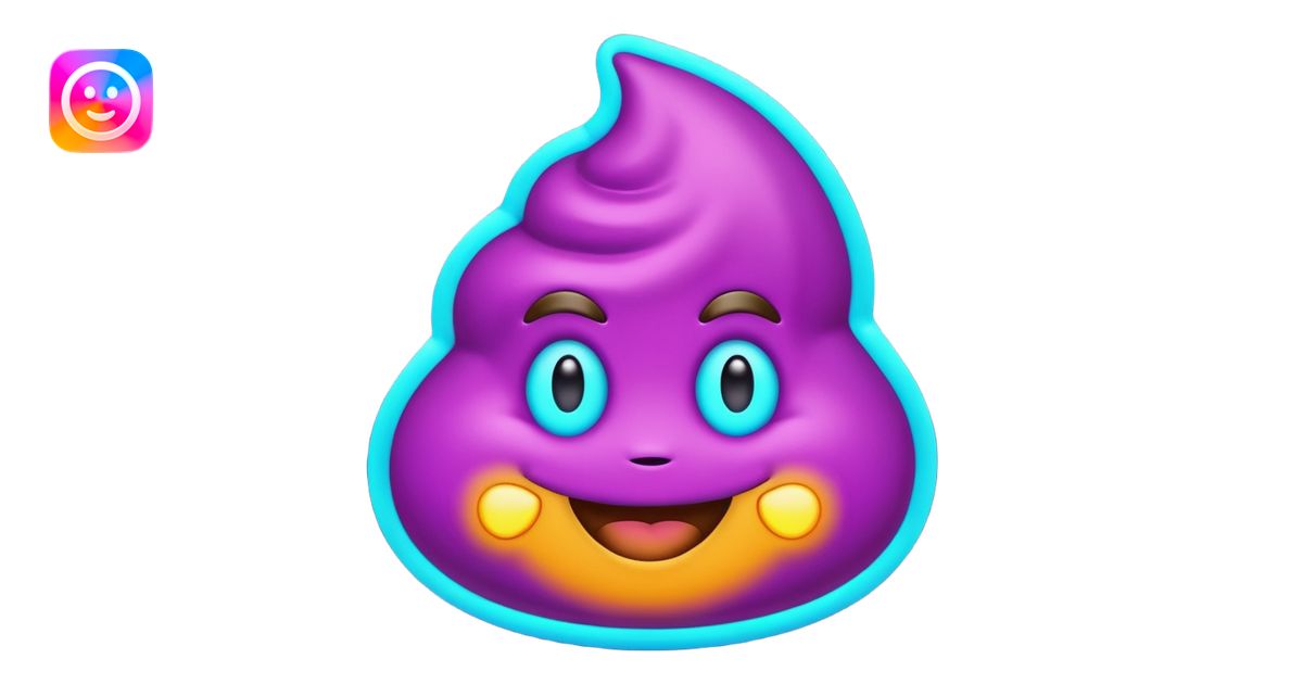 futuristic glowing poop emoji with funny smiling face, purple and cyan ...