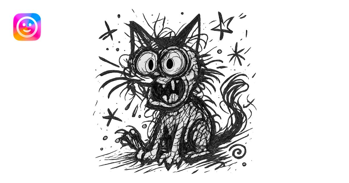 chaotic hand-drawn black outline icon of a cat with wild, exaggerated ...