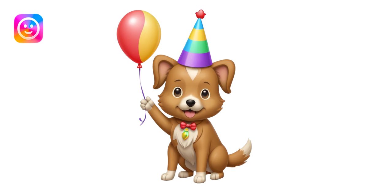 A dog wearing a party hat, wagging its tail while holding a tiny ...