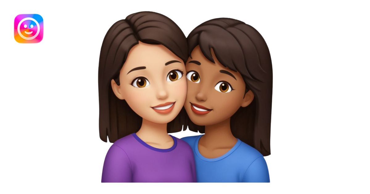 A girl kisses her friend The girls' hair color is dark brown. With ...