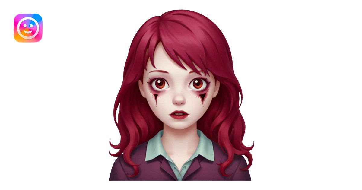 Uma zumbi garota com cabelo vermelho vinho ondulado e grande e franja ...