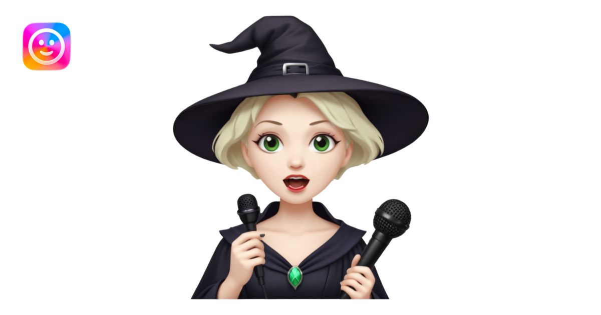 Witch singing with micro, half body emoji | AI Emoji Generator