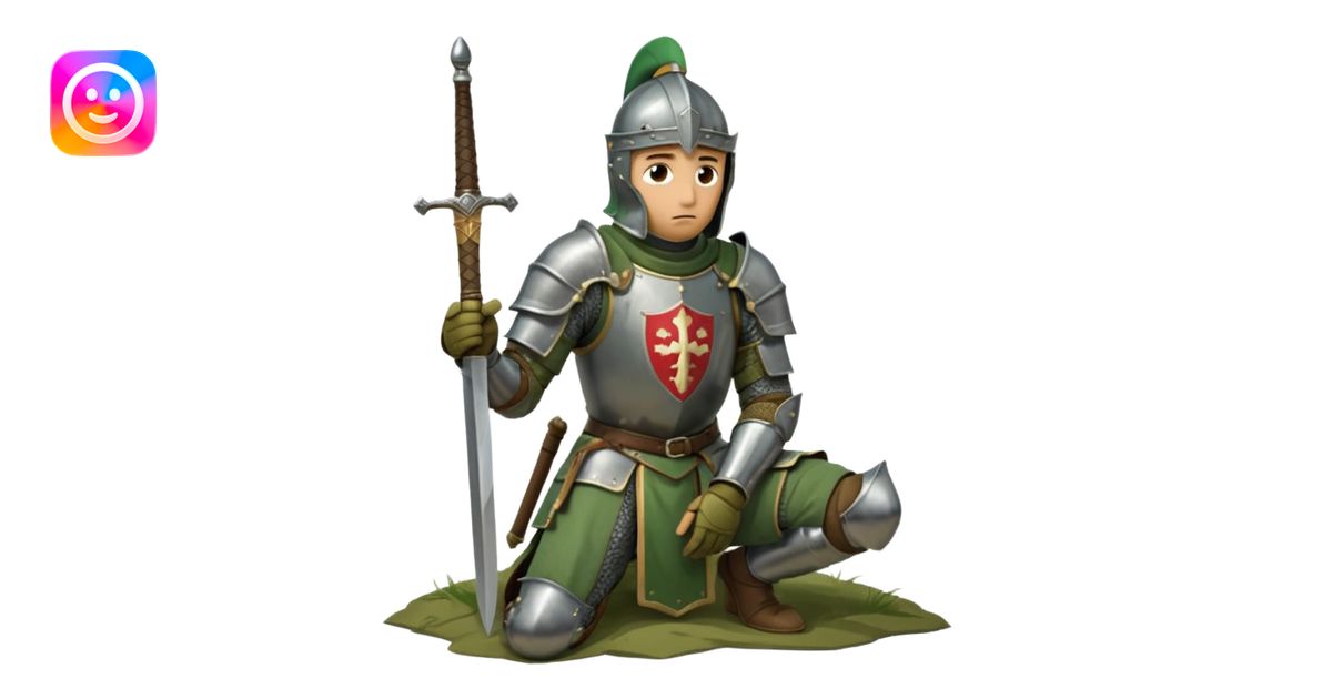 A lone medieval knight in a green worn armor kneels. His helmet is ...