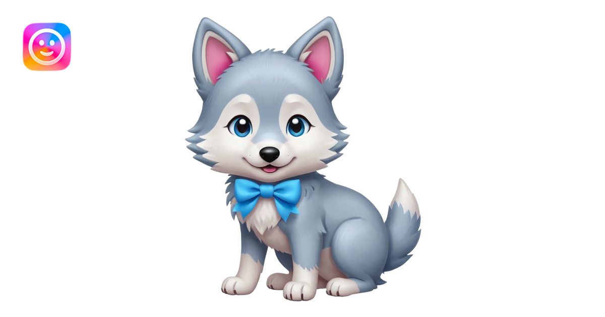 an animated gif-style sticker emote of a wolf puppy in a play-bow ...