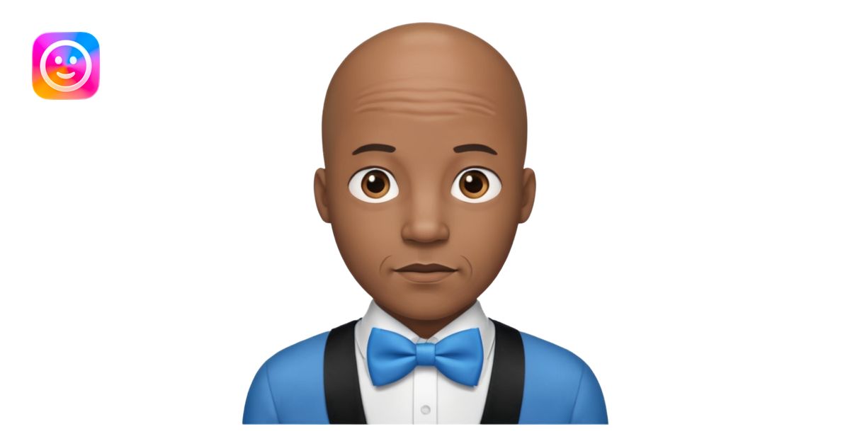 Bald with blue bow tie, black skin emoji | AI Emoji Generator