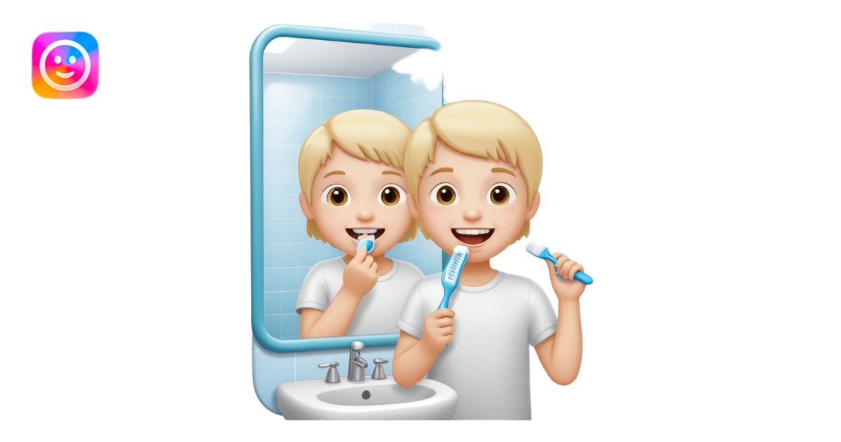 child brushing teeth in front of a bathroom mirror, cheerful expression ...
