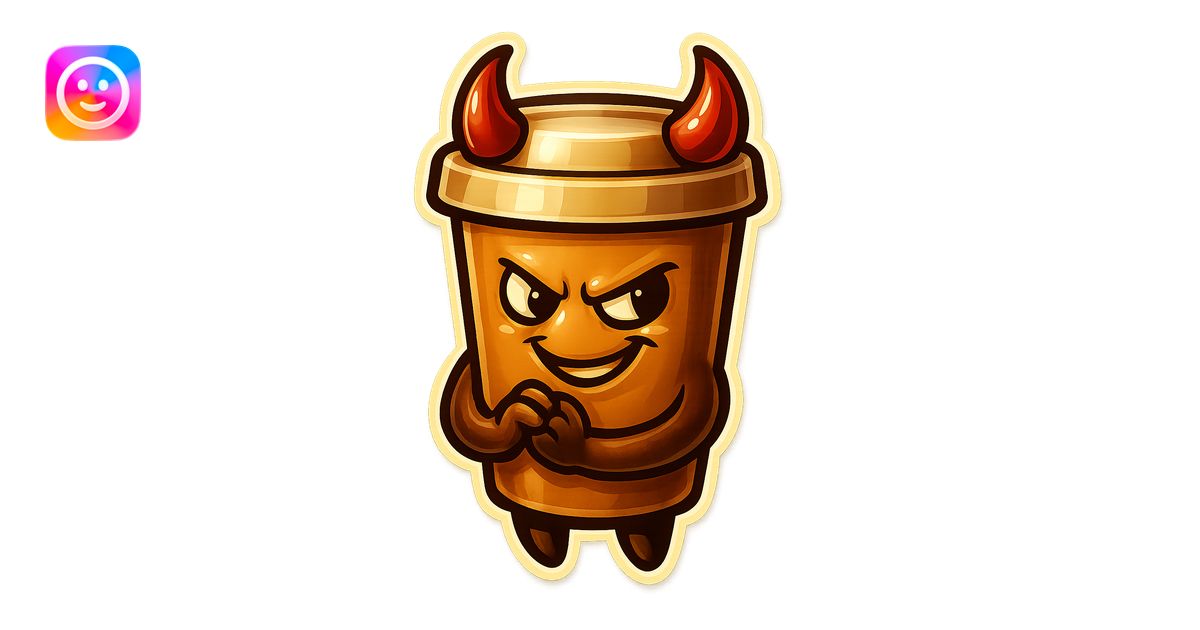Tall coffee cup, devil horns, smirking, evil, rubbing hands together ...