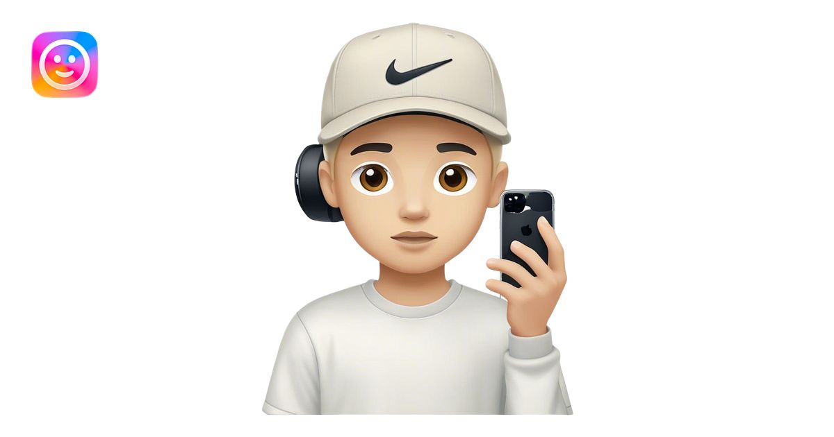 Light-skinned boy with Nike cap filming video with Iphone 15 pro phone emoji | AI Emoji Generator