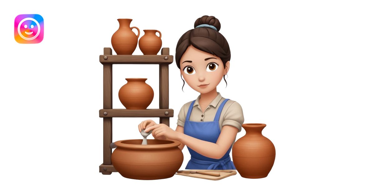 Brunette girl with bun, behind pottery wheel emoji | AI Emoji Generator