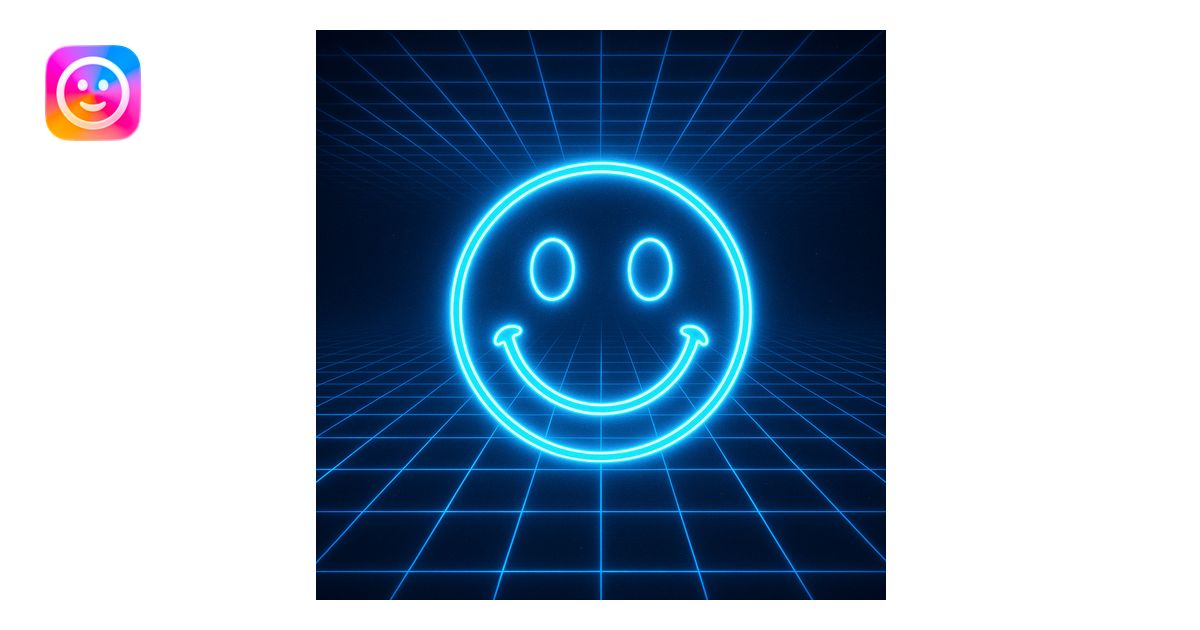 smiley face emoji in neon Tron 80's retro style with glowing blue grid ...