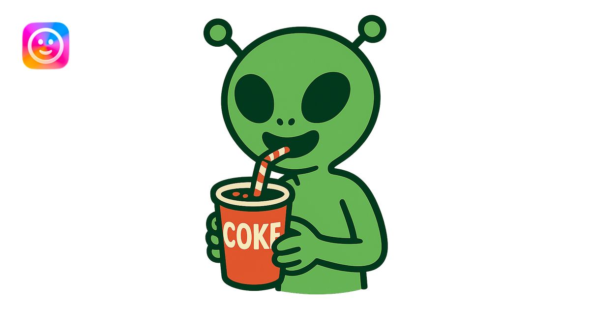 cartoon alien sipping Coke with a straw, cheerful expression ...