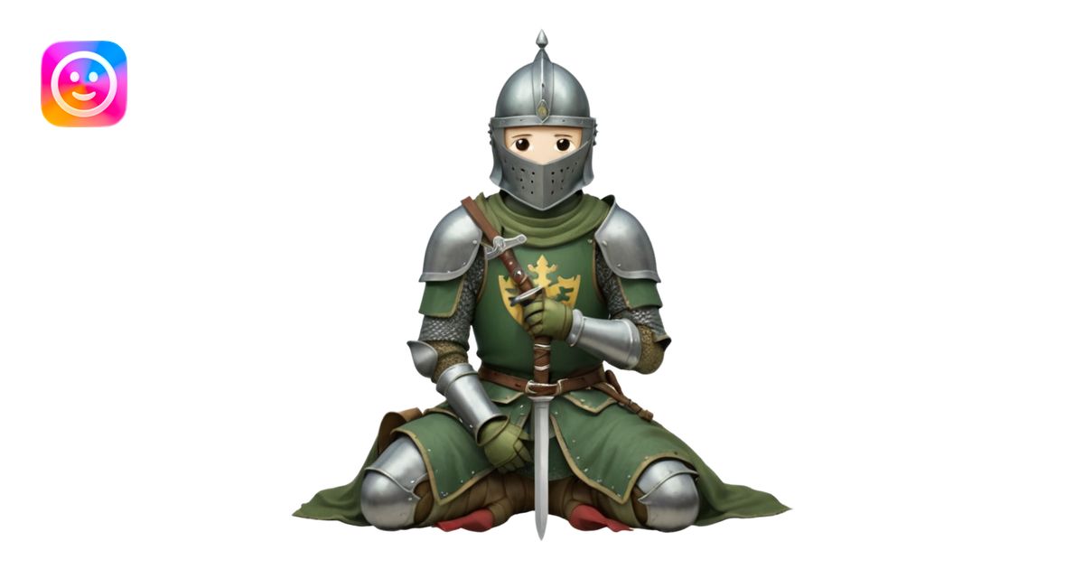A lone medieval knight in a green worn armor kneels. His helmet is ...