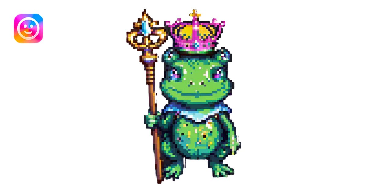 pixel art crowned frog holding a scepter illustration | AI Emoji Generator