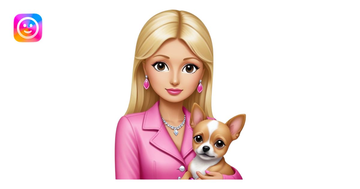 Paris Hilton with a small dog, pink theme emoji | AI Emoji Generator